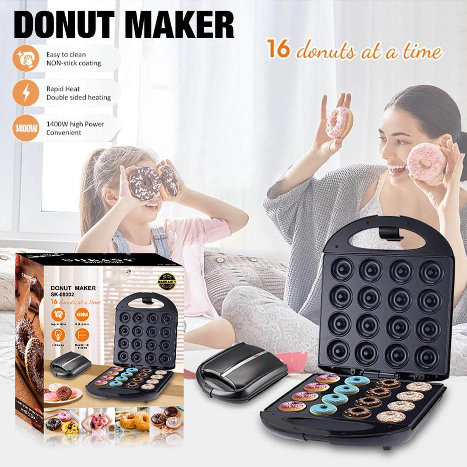 Mini Donut Maker, Machine for Kid-Friendly Breakfast, Mini pancakes maker Machine for Breakfas,Snacks, Desserts & More with Non-stick Surface, Double-sided heating Makes 16 Doughnuts - Black