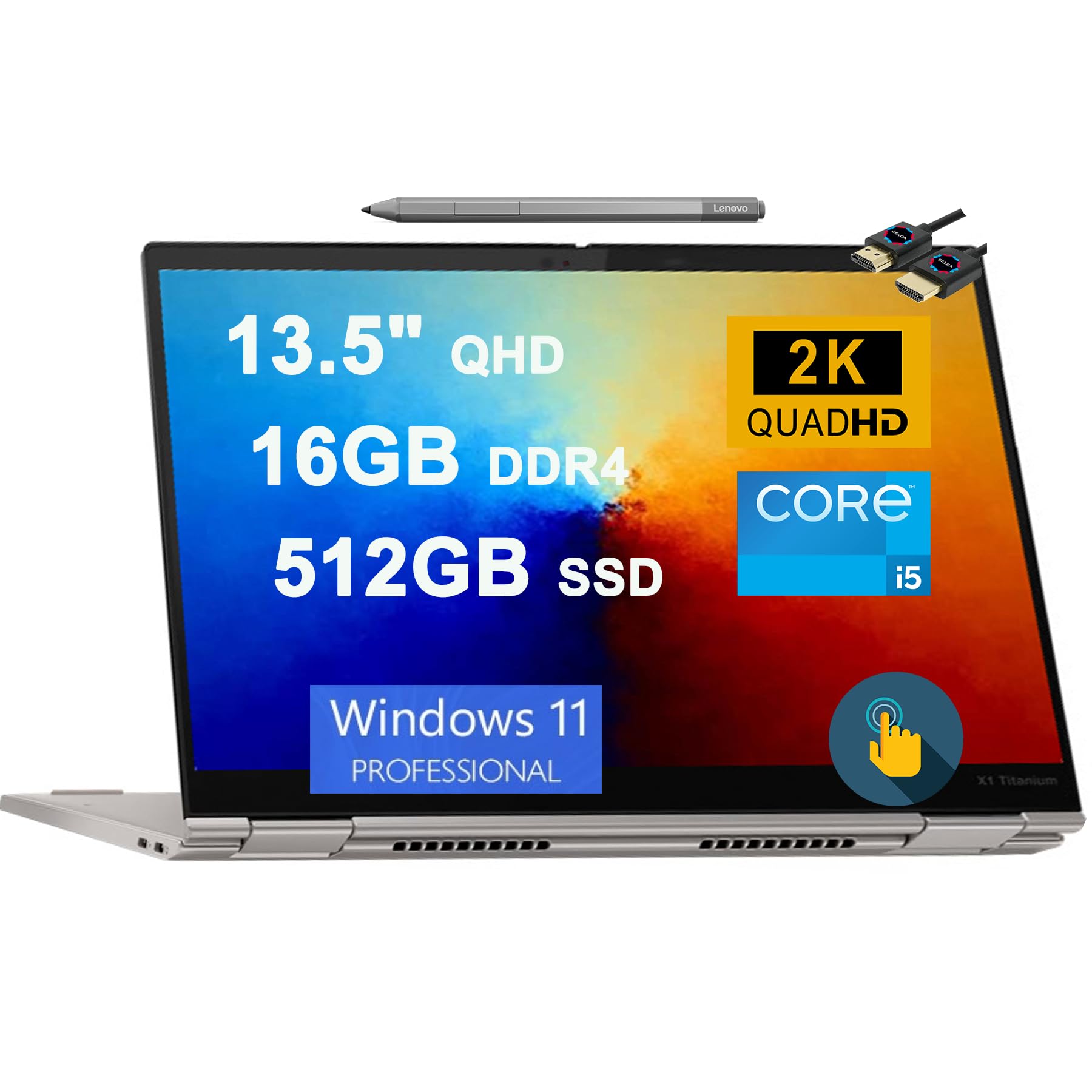 Lenovo ThinkPad X1 Titanium Yoga 13 2-in-1 Laptop | 13.5" QHD Multi-Touch 450nit 72% NTSC | Intel 4-core i5-1130G7 | 16GB DDR4 512GB SSD Fingerprint Backlit Thunderbolt Pen Win11Pro +HDMI Cable