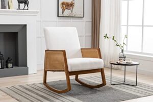 lamerge rattan rocking chair, wooden rocker glider, linen upholstered nursery rocking chair, rattan accent high backrest comfortable glier chair for living room, bedroom, nursery, beige