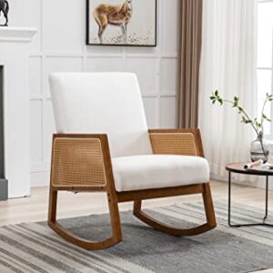 Lamerge Rattan Rocking Chair, Wooden Rocker Glider, Linen Upholstered Nursery Rocking Chair, Rattan Accent High Backrest Comfortable Glier Chair for Living Room, Bedroom, Nursery, Beige