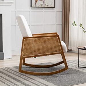 Lamerge Rattan Rocking Chair, Wooden Rocker Glider, Linen Upholstered Nursery Rocking Chair, Rattan Accent High Backrest Comfortable Glier Chair for Living Room, Bedroom, Nursery, Beige