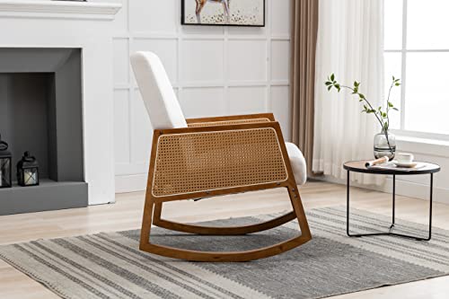 Lamerge Rattan Rocking Chair, Wooden Rocker Glider, Linen Upholstered Nursery Rocking Chair, Rattan Accent High Backrest Comfortable Glier Chair for Living Room, Bedroom, Nursery, Beige