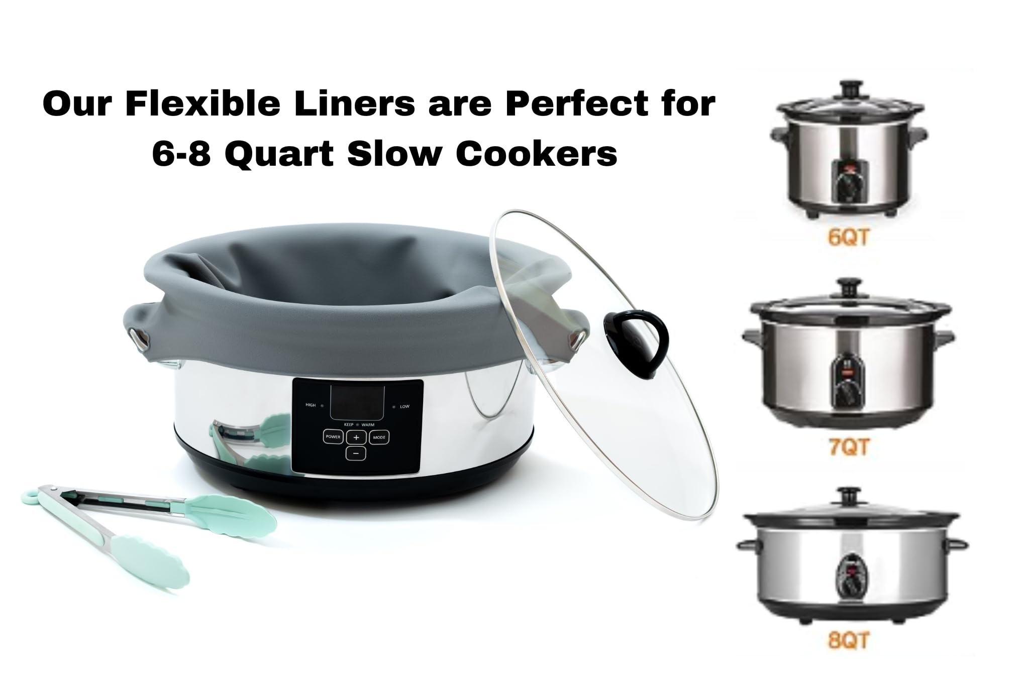 Silicone Crock Pot Liners Large Size w/Tongs | Single Reusable Silicone Slow Cooker Liner | Flexible Slow Cooker Liners 3-8 Quart Pots | Easy Clean Crock Pot Liner Bags | Crock Pot Liners 3-8 Quarts