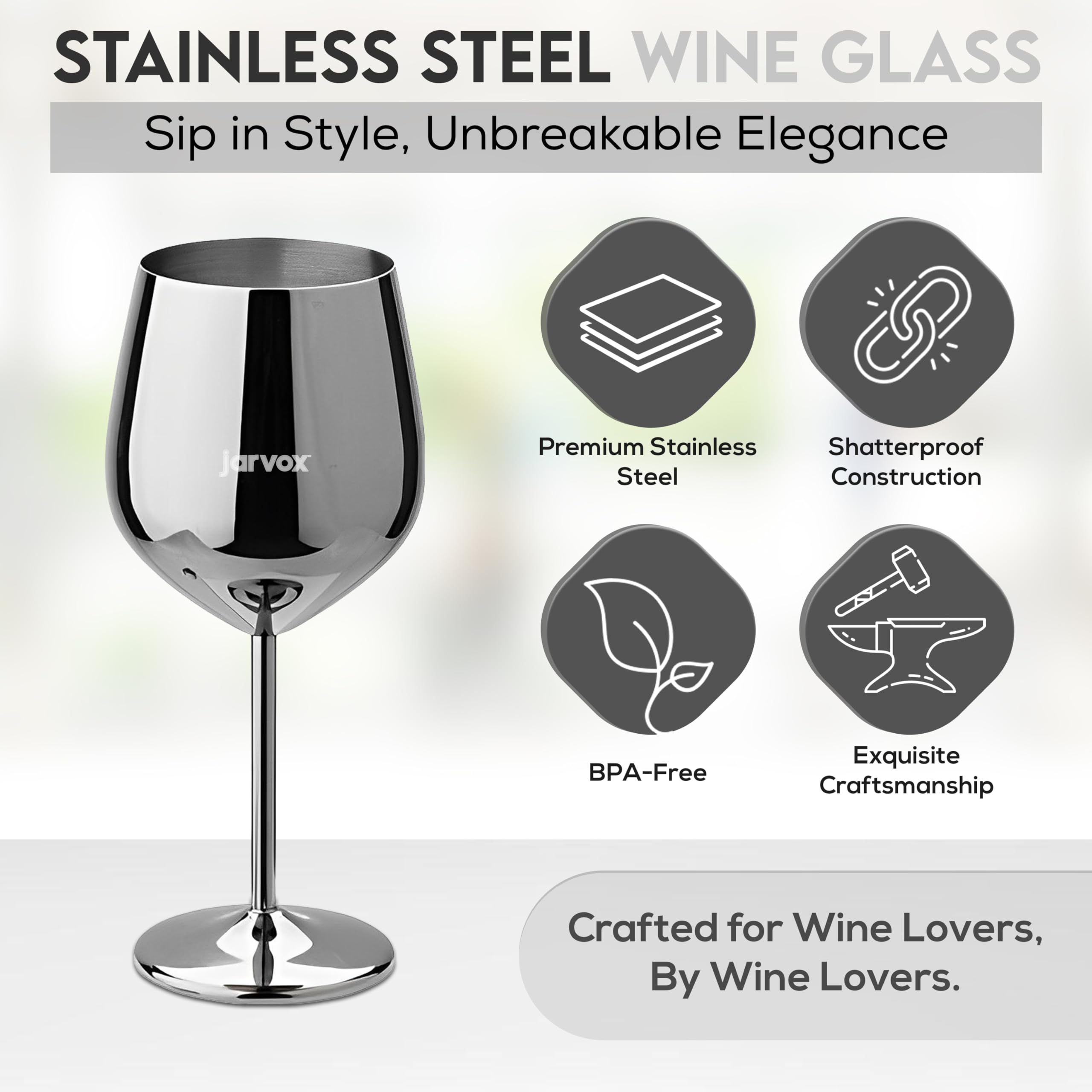 jarvox Stainless Steel Wine Glass - Set of 1 - Sliver, Gold, Rose Gold, Black - 500ml (Black)