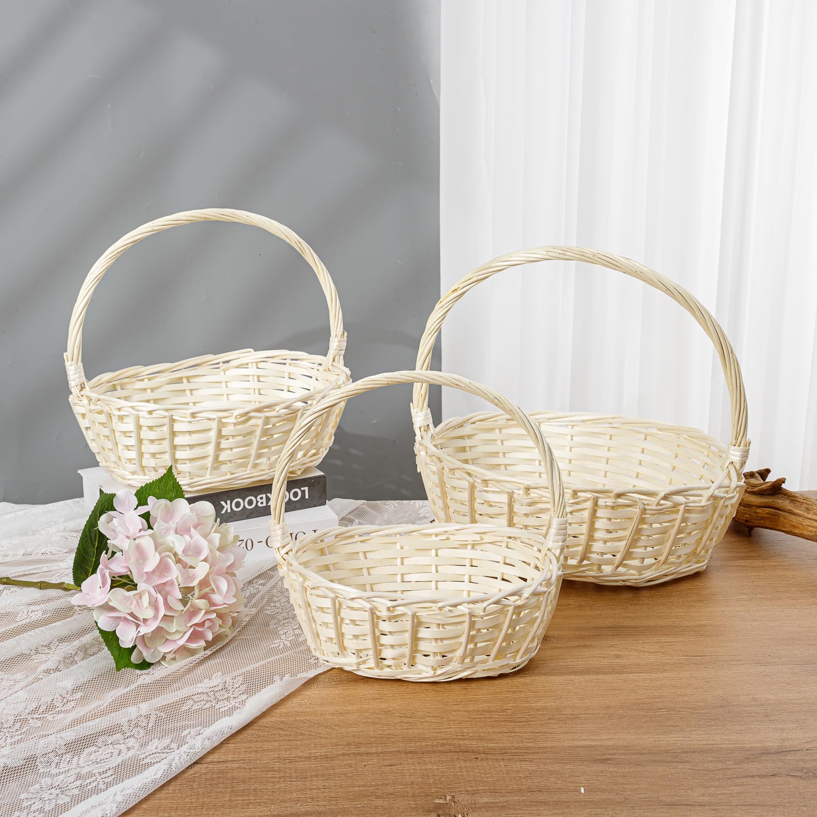 THY Collectibles Set of 3 Hand Woven Wicker Rattan Flower Baskets with Handle - Light Harvest Baskets for Storage, Gift Baskets, Picnics, Easter Eggs, Organizing, Weddings, Markets, and More (Oval)