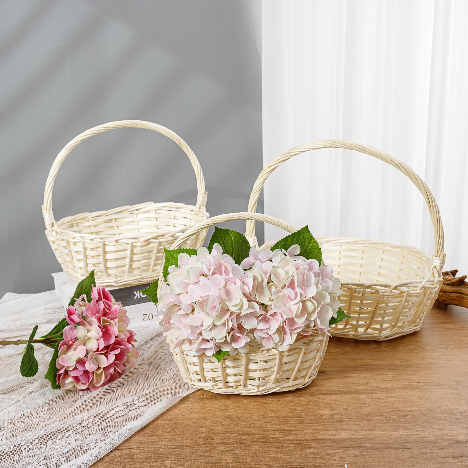 THY Collectibles Set of 3 Hand Woven Wicker Rattan Flower Baskets with Handle - Light Harvest Baskets for Storage, Gift Baskets, Picnics, Easter Eggs, Organizing, Weddings, Markets, and More (Oval)