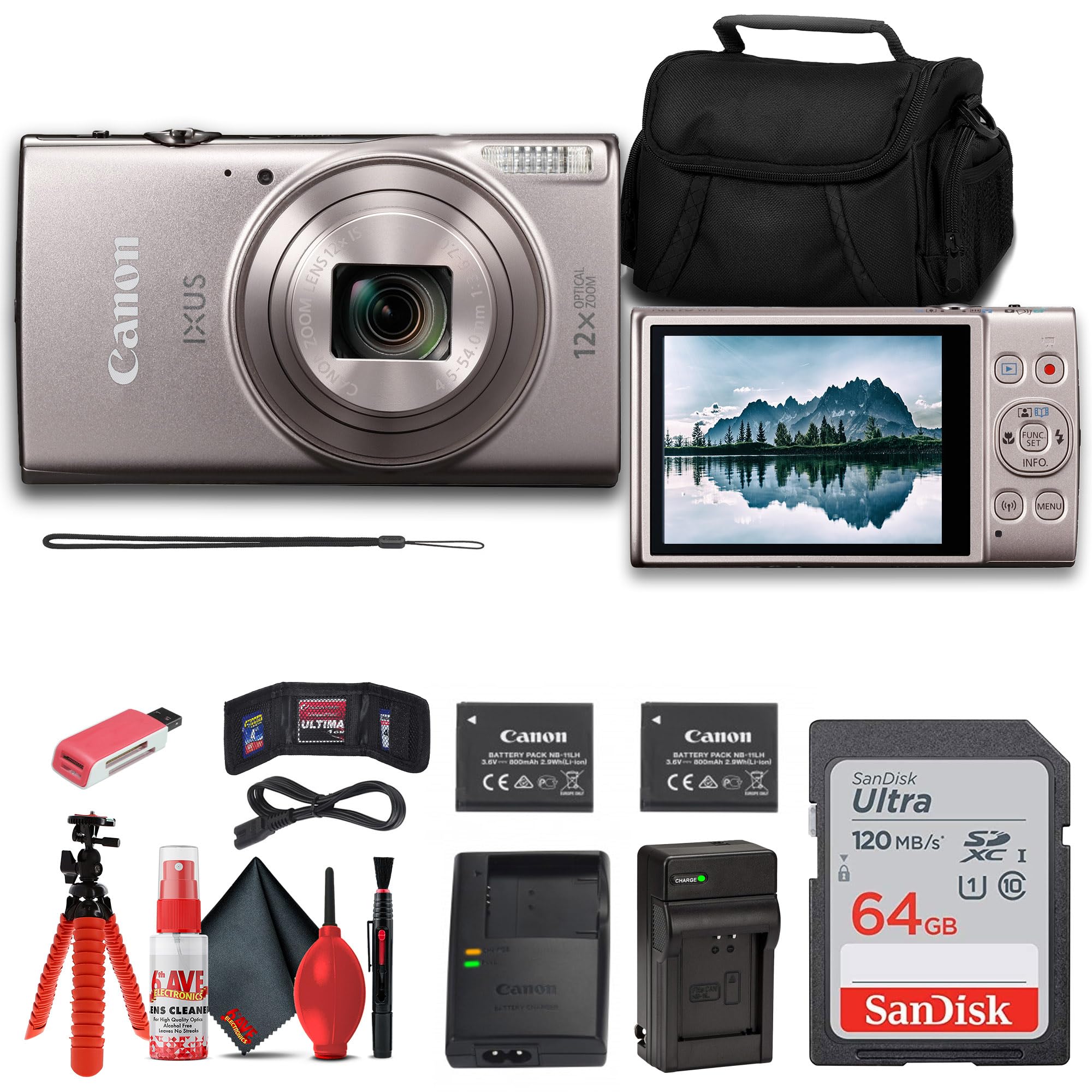 Canon PowerShot IXUS 285 HS 12X Optical Zoom Digital Camera (Silver) (1079C001) + NB11L Battery + 64GB Memory Card + Case + Charger + Card Reader + Flex Tripod + Cleaning Kit + Memory Wallet (Renewed)