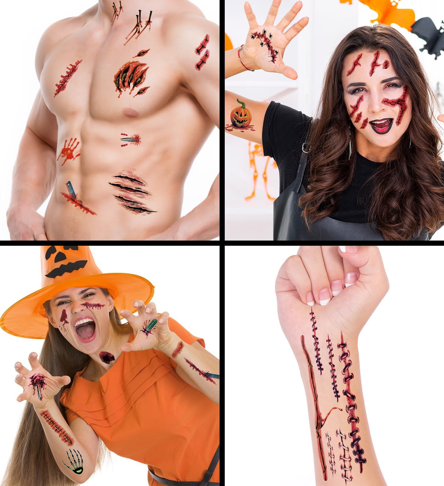 320 Pcs Halloween Tattoos,Temporary Zombie Tattoos, 30 Sheets Halloween Temporary Tattoos, Waterproof Fake Scars Horror Fake Bloody Wound Tattoo Stickers for Adult Kids Halloween Party Cosplay