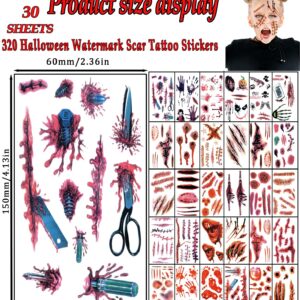 320 Pcs Halloween Tattoos,Temporary Zombie Tattoos, 30 Sheets Halloween Temporary Tattoos, Waterproof Fake Scars Horror Fake Bloody Wound Tattoo Stickers for Adult Kids Halloween Party Cosplay