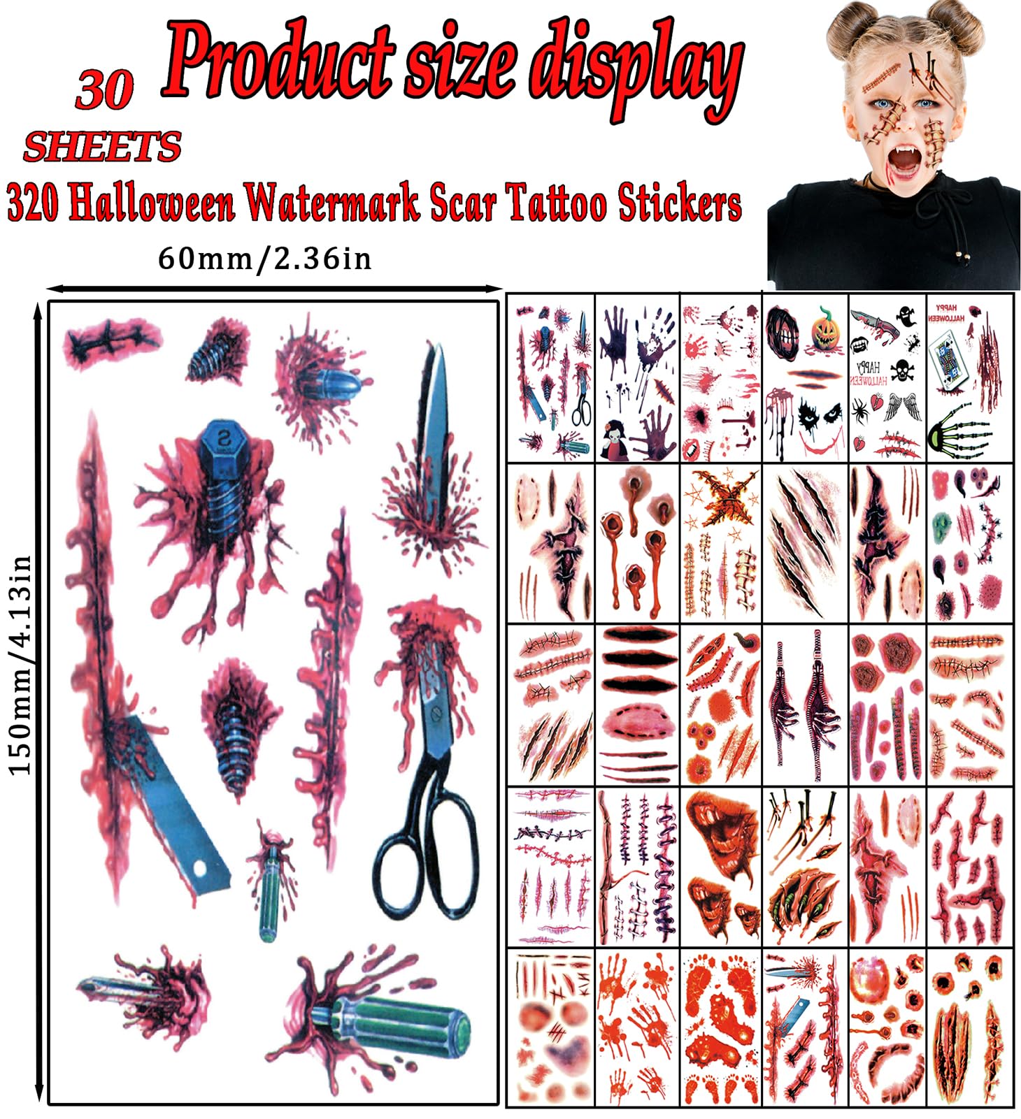 320 Pcs Halloween Tattoos,Temporary Zombie Tattoos, 30 Sheets Halloween Temporary Tattoos, Waterproof Fake Scars Horror Fake Bloody Wound Tattoo Stickers for Adult Kids Halloween Party Cosplay