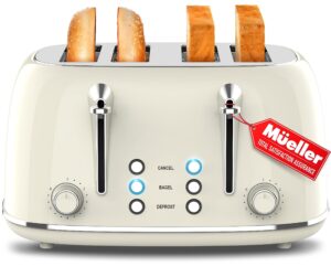 mueller retro toaster 4 slice with extra wide slots bagel, defrost, and cancel function, 6 browning levels, dual independent controls, removable crumb tray and high lift levers, beige