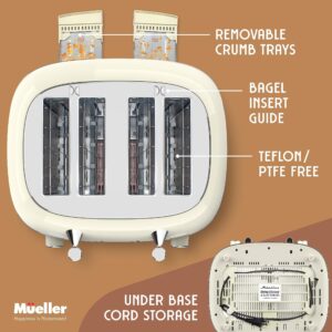 Mueller Retro Toaster 4 Slice with Extra Wide Slots Bagel, Defrost, and Cancel Function, 6 Browning Levels, Dual Independent Controls, Removable Crumb Tray and High Lift Levers, Beige