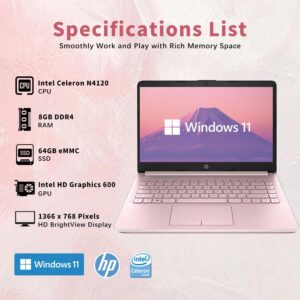 HP Stream Laptop 14" HD, Intel Celeron N4020 Processor, 8GB DDR4 RAM, 64GB SSD, Intel HD Graphics, 720p Webcam, 1 Year Office 365, White, Win 11 S, Alpacatec Accessories