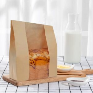 Bewinnd 100 Pack Bread Bags for Homemade Bread,Sourdough Kraft Paper Bread Bag with Clear Front Window,Bread Storage for Baked Goods Label Seal Sticker Included(14'' X 8.3'' X 3.5'')