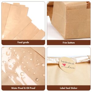 Bewinnd 100 Pack Bread Bags for Homemade Bread,Sourdough Kraft Paper Bread Bag with Clear Front Window,Bread Storage for Baked Goods Label Seal Sticker Included(14'' X 8.3'' X 3.5'')