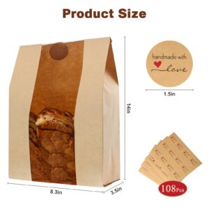 Bewinnd 100 Pack Bread Bags for Homemade Bread,Sourdough Kraft Paper Bread Bag with Clear Front Window,Bread Storage for Baked Goods Label Seal Sticker Included(14'' X 8.3'' X 3.5'')