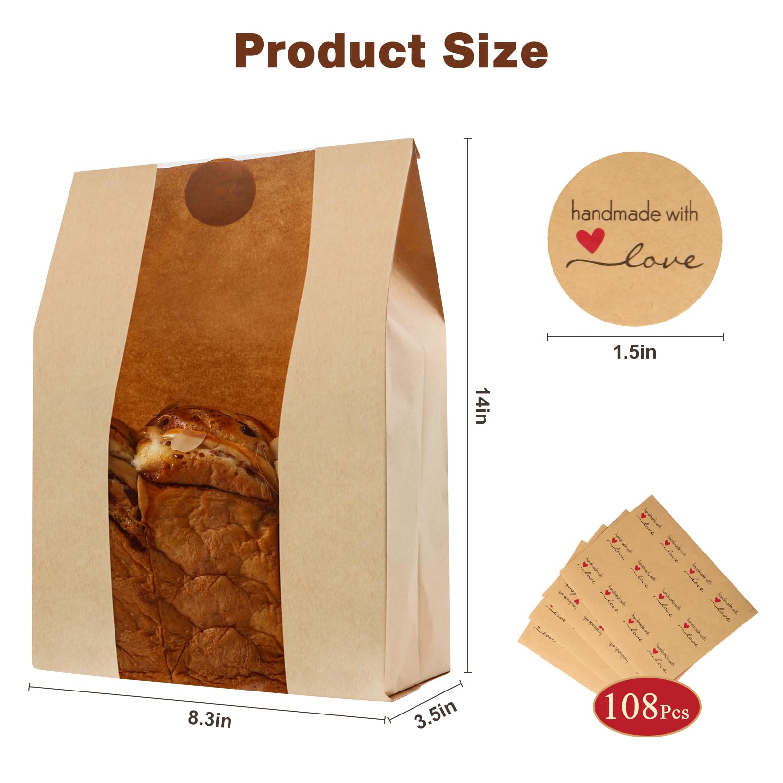 Bewinnd 100 Pack Bread Bags for Homemade Bread,Sourdough Kraft Paper Bread Bag with Clear Front Window,Bread Storage for Baked Goods Label Seal Sticker Included(14'' X 8.3'' X 3.5'')