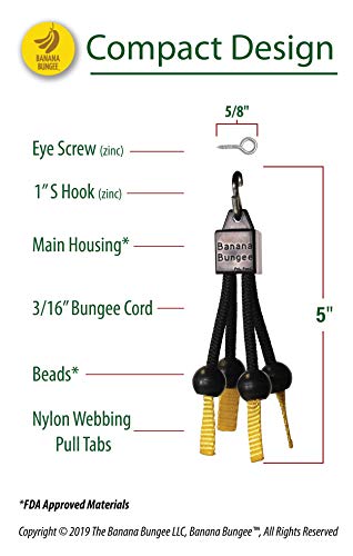 Banana Bungee – Black Holder Hanger Hook Alternative with Kitchen Cabinet Clamp Connection Hardware – Multiple Bunches or Single Banana; Made in USA