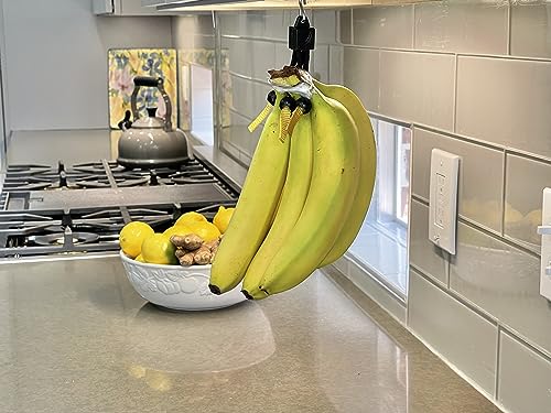 Banana Bungee – Black Holder Hanger Hook Alternative with Kitchen Cabinet Clamp Connection Hardware – Multiple Bunches or Single Banana; Made in USA