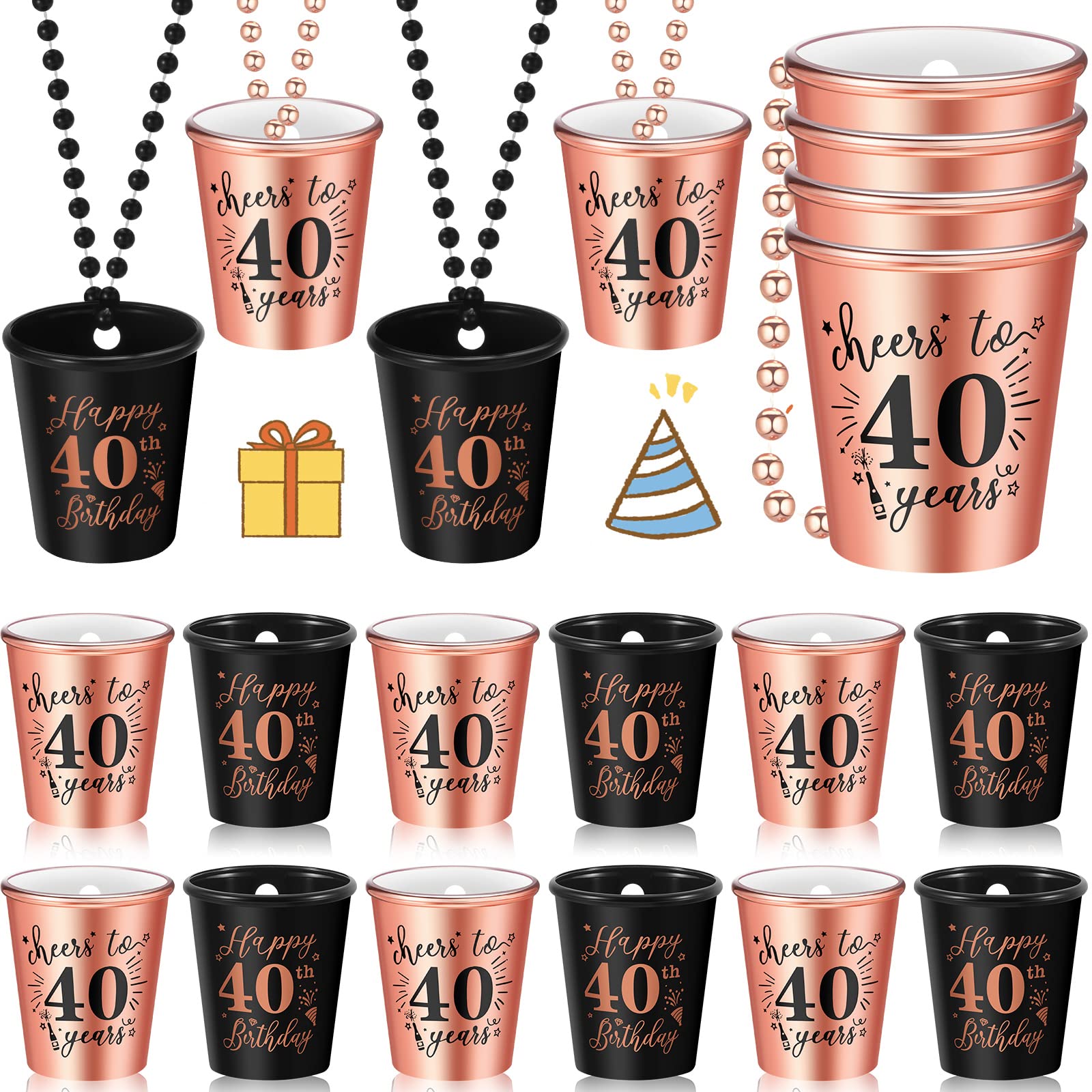 Uiifan 12 Pieces 40th 50th 60th Shot Glasses Necklace Birthday Plastic Cups Necklace on Beaded for Birthday Party Anniversary Supplies, Black and Rose Gold (40th)