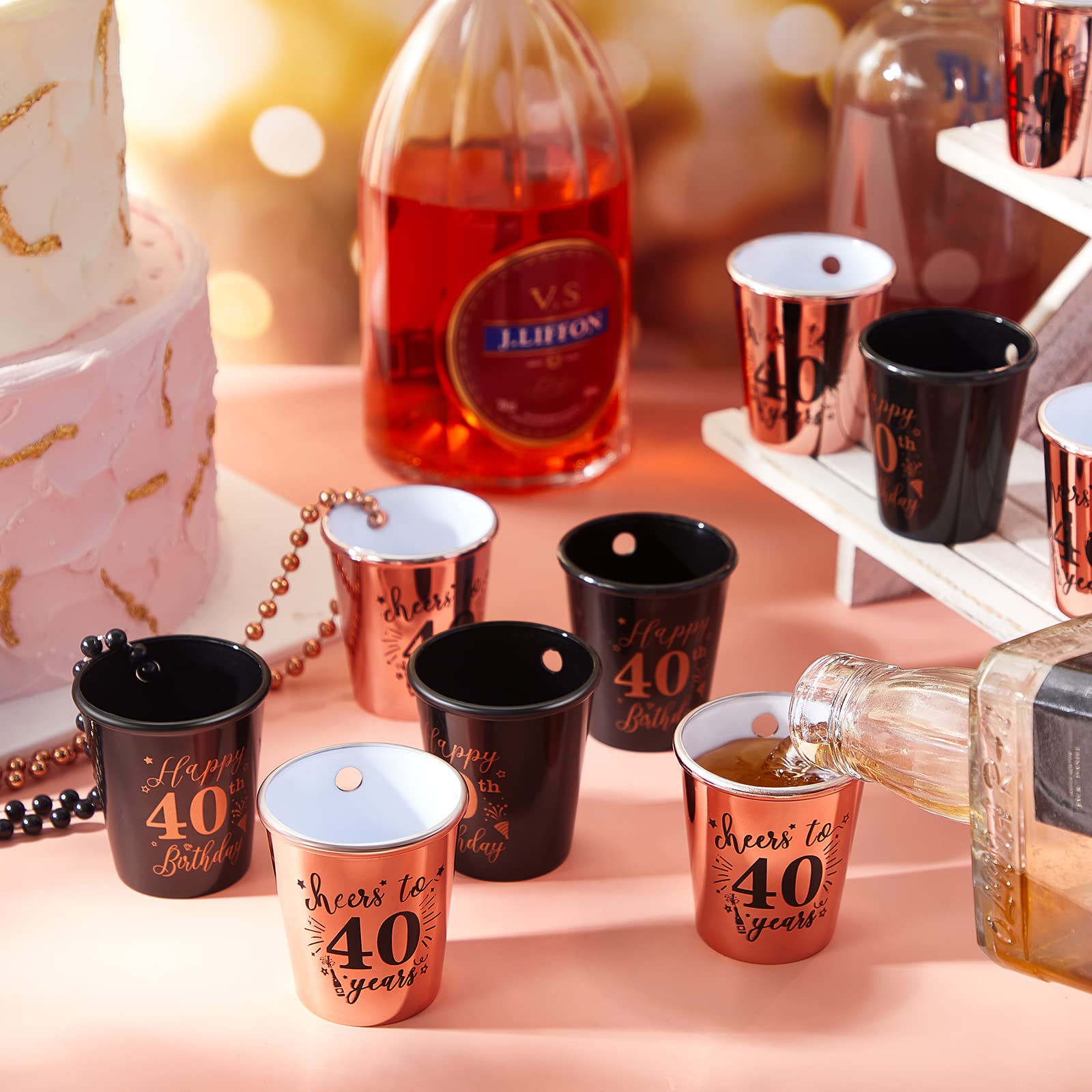 Uiifan 12 Pieces 40th 50th 60th Shot Glasses Necklace Birthday Plastic Cups Necklace on Beaded for Birthday Party Anniversary Supplies, Black and Rose Gold (40th)