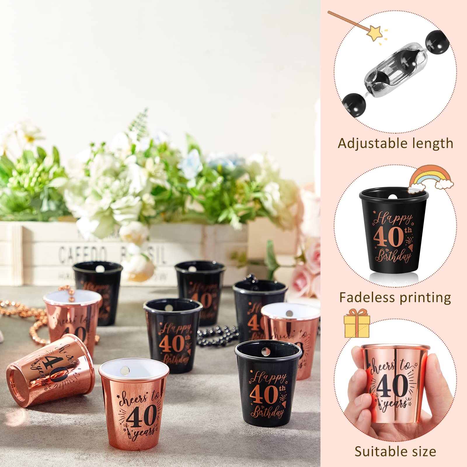 Uiifan 12 Pieces 40th 50th 60th Shot Glasses Necklace Birthday Plastic Cups Necklace on Beaded for Birthday Party Anniversary Supplies, Black and Rose Gold (40th)