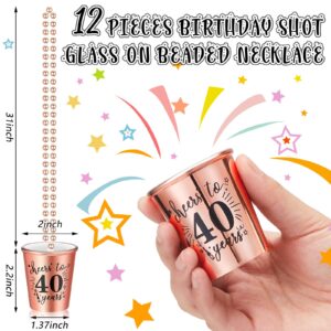 Uiifan 12 Pieces 40th 50th 60th Shot Glasses Necklace Birthday Plastic Cups Necklace on Beaded for Birthday Party Anniversary Supplies, Black and Rose Gold (40th)