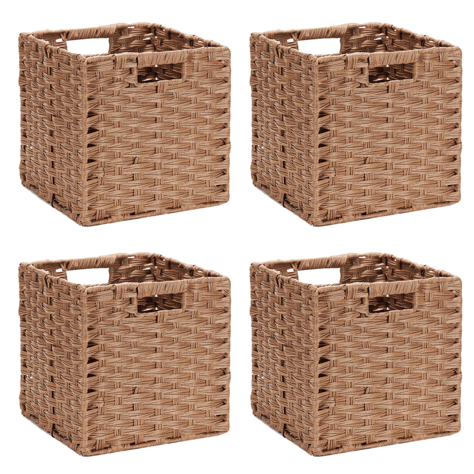 DULLEMELO Wicker Baskets for Shelves 11x11 Foldable Plastic Woven Cube Storage Bins Set of 4 Waterproof Woven Storage Bins with Handles for Pantry,Closet, Cabinet, Toys - Brown