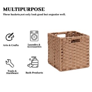 DULLEMELO Wicker Baskets for Shelves 11x11 Foldable Plastic Woven Cube Storage Bins Set of 4 Waterproof Woven Storage Bins with Handles for Pantry,Closet, Cabinet, Toys - Brown