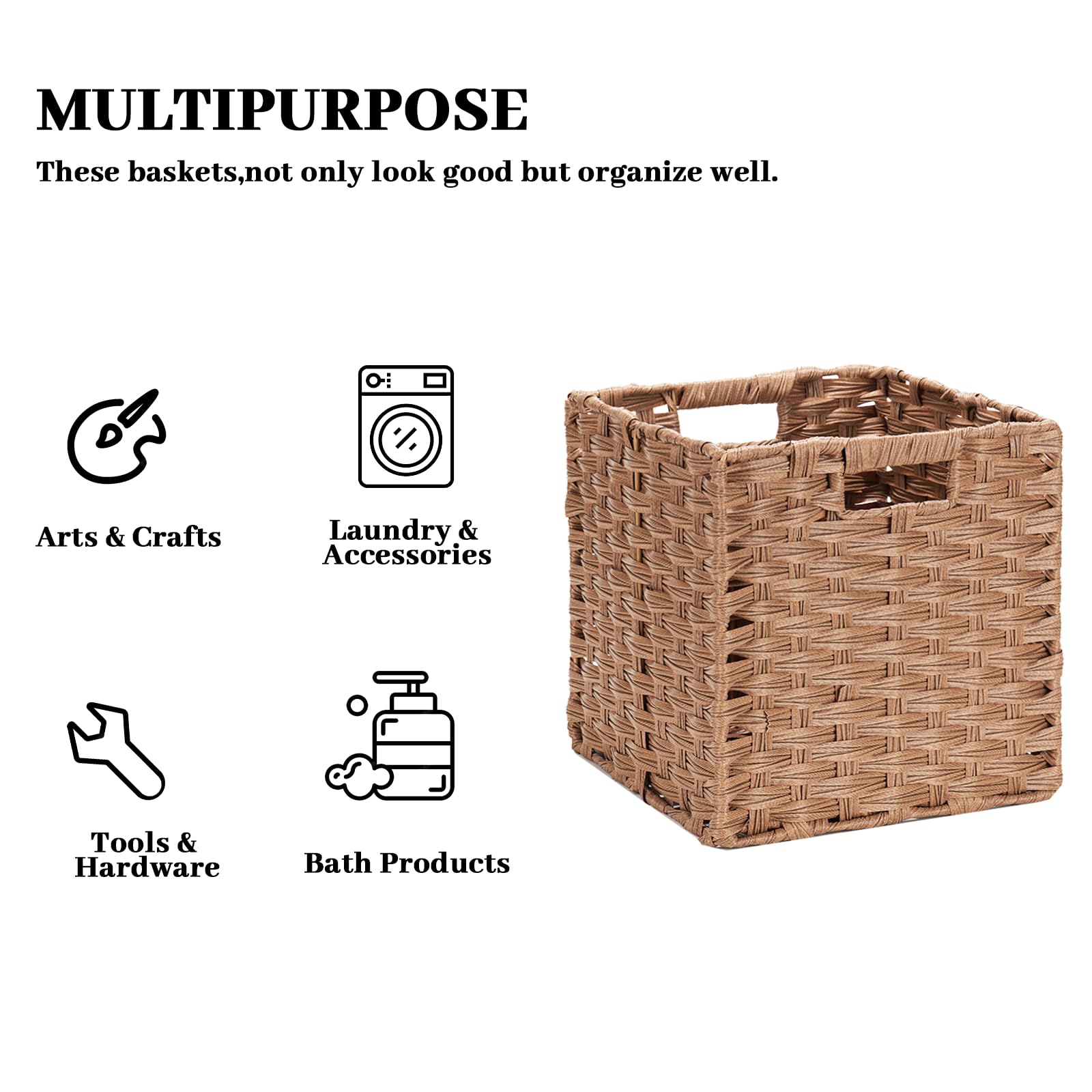 DULLEMELO Wicker Baskets for Shelves 11x11 Foldable Plastic Woven Cube Storage Bins Set of 4 Waterproof Woven Storage Bins with Handles for Pantry,Closet, Cabinet, Toys - Brown