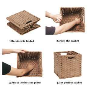 DULLEMELO Wicker Baskets for Shelves 11x11 Foldable Plastic Woven Cube Storage Bins Set of 4 Waterproof Woven Storage Bins with Handles for Pantry,Closet, Cabinet, Toys - Brown