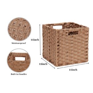 DULLEMELO Wicker Baskets for Shelves 11x11 Foldable Plastic Woven Cube Storage Bins Set of 4 Waterproof Woven Storage Bins with Handles for Pantry,Closet, Cabinet, Toys - Brown