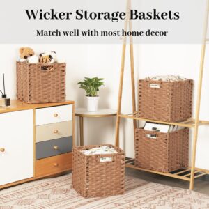 DULLEMELO Wicker Baskets for Shelves 11x11 Foldable Plastic Woven Cube Storage Bins Set of 4 Waterproof Woven Storage Bins with Handles for Pantry,Closet, Cabinet, Toys - Brown