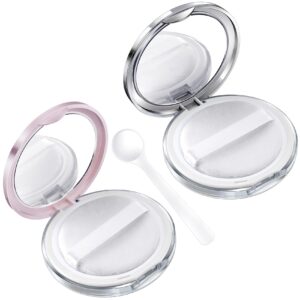 oiiki 2 packs loose powder compact containers, 3g refillable container with powder puff, mirror, net, spoon, diy makeup powder cases portable powder compact boxes for daily use or travel -pink, silver