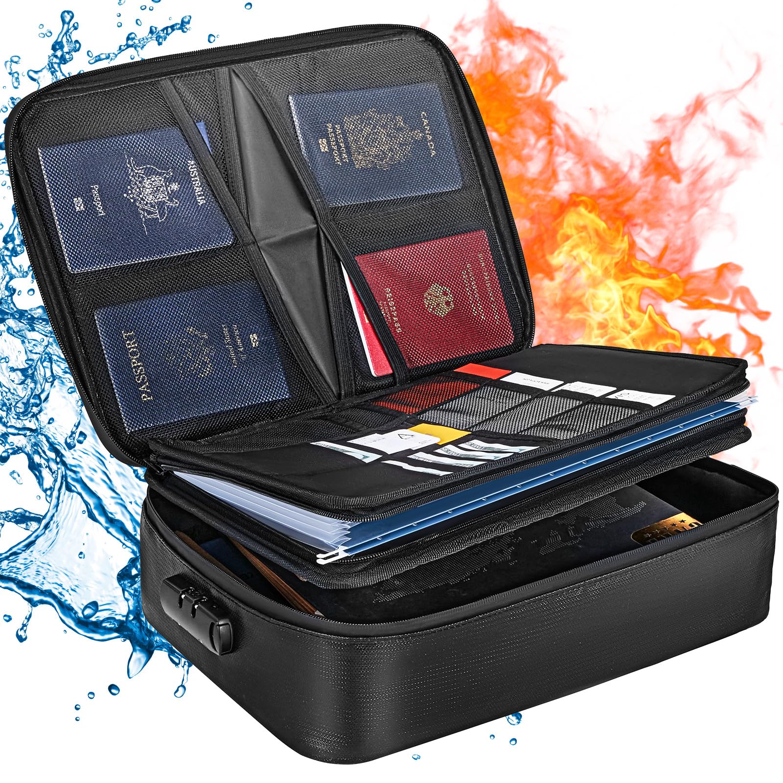 VEVOR Fireproof Document Box, Fireproof Document Bag with Lock 2000℉, 3-Layer Fireproof and Waterproof File Box 14.17x10.63x4.13 inch with Zipper, for Money, Documents, Jewelry and Passport