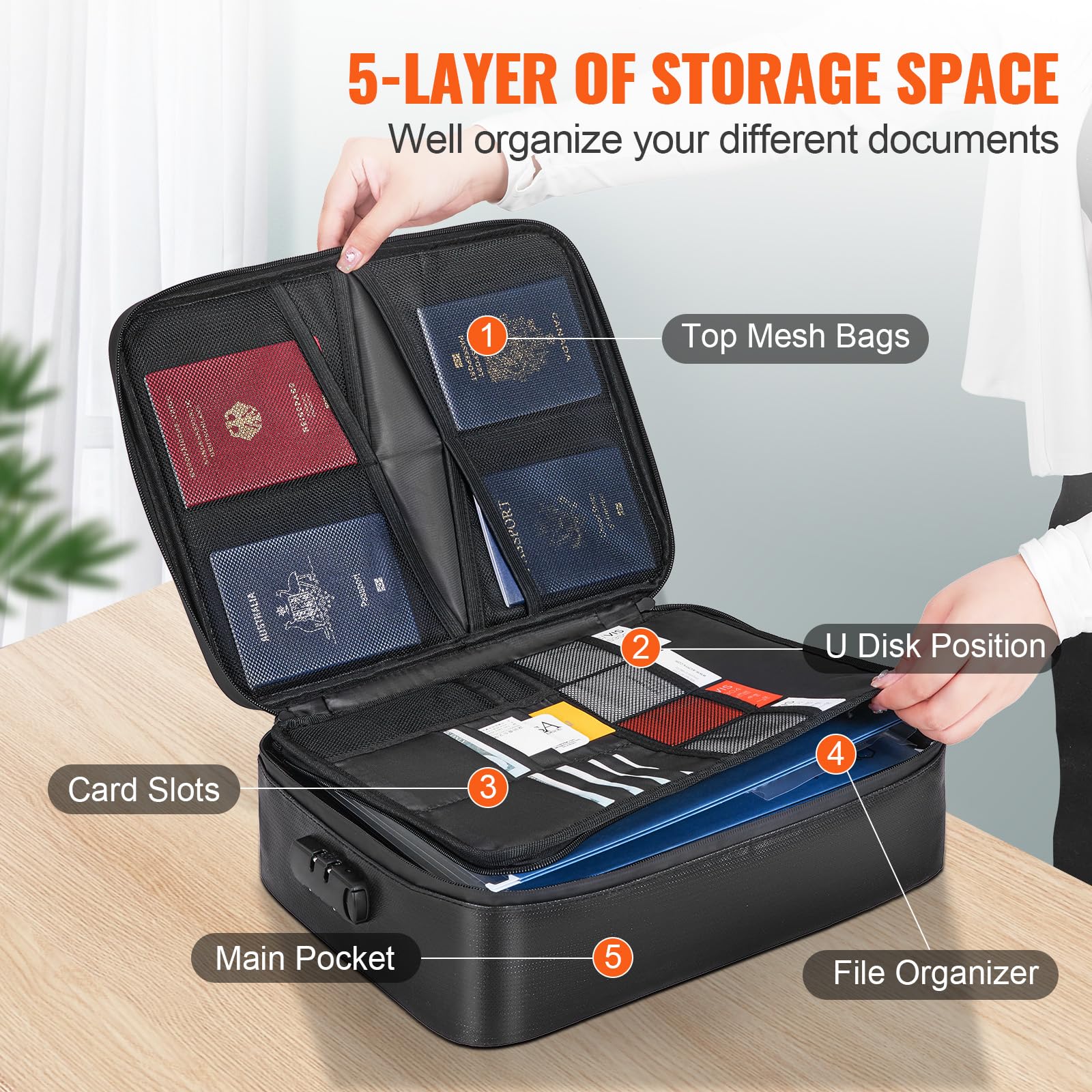 VEVOR Fireproof Document Box, Fireproof Document Bag with Lock 2000℉, 3-Layer Fireproof and Waterproof File Box 14.17x10.63x4.13 inch with Zipper, for Money, Documents, Jewelry and Passport