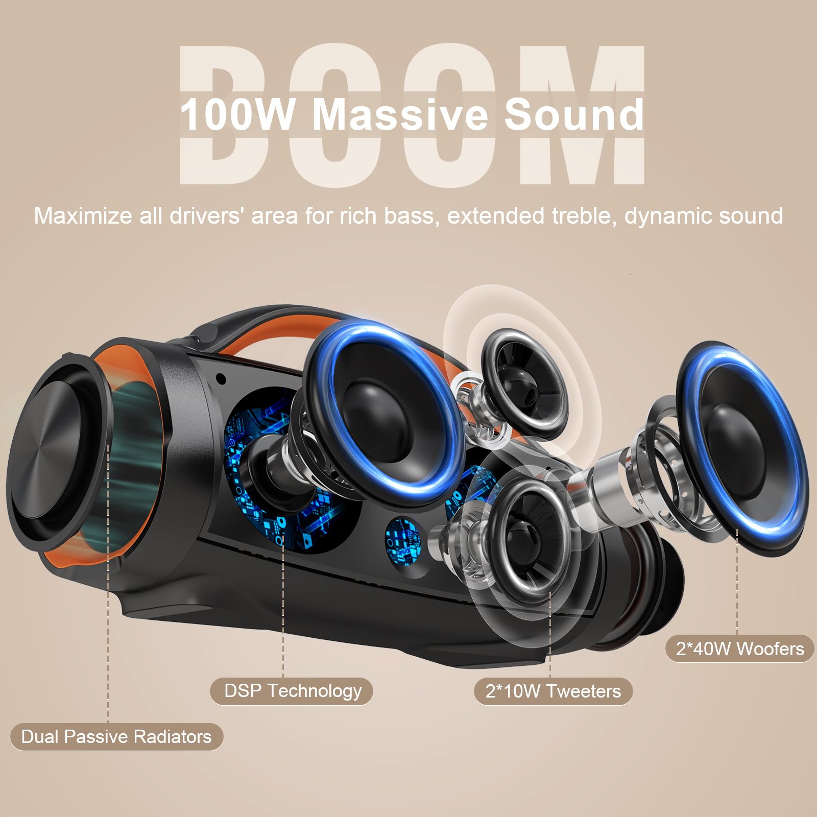 DOSS Extreme Boom+ IPX6 Waterproof Outdoor Speaker with 100W Massive Sound, Extra Bass, 20H Playtime, Built-in Power Bank, Mixed Color Light, Bluetooth Speaker for Camping, Beach, Outdoor