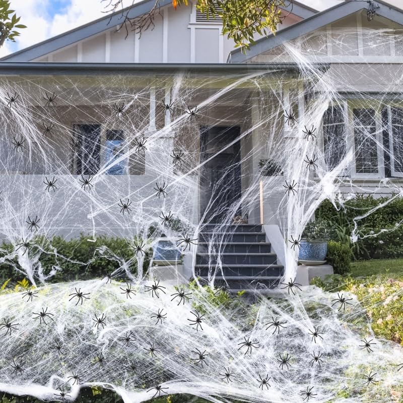 1000 sq ft Halloween Spider Webs Decorations with 120 Spiders, Super Stretchy Cobwebs for Halloween Indoor and Outdoor Haunted House Decor Party Supplies (1000 Sq ft)