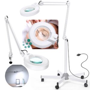 10x magnifying glass with light and stand, floor lamp with 5 wheels rolling base for lash estheticians facials, 1,500 lumens stepless dimmable, led lighted standing magnifier for sewing crafts