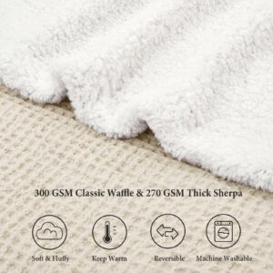 PHF Waffle Sherpa Blanket King Size, 104x90 Inches Luxury Plush Flannel Blanket for All Season, No Shed No Pilling, Cozy Soft Reversible Waffle Weave Fleece Blanket for Bed and Couch, Natural