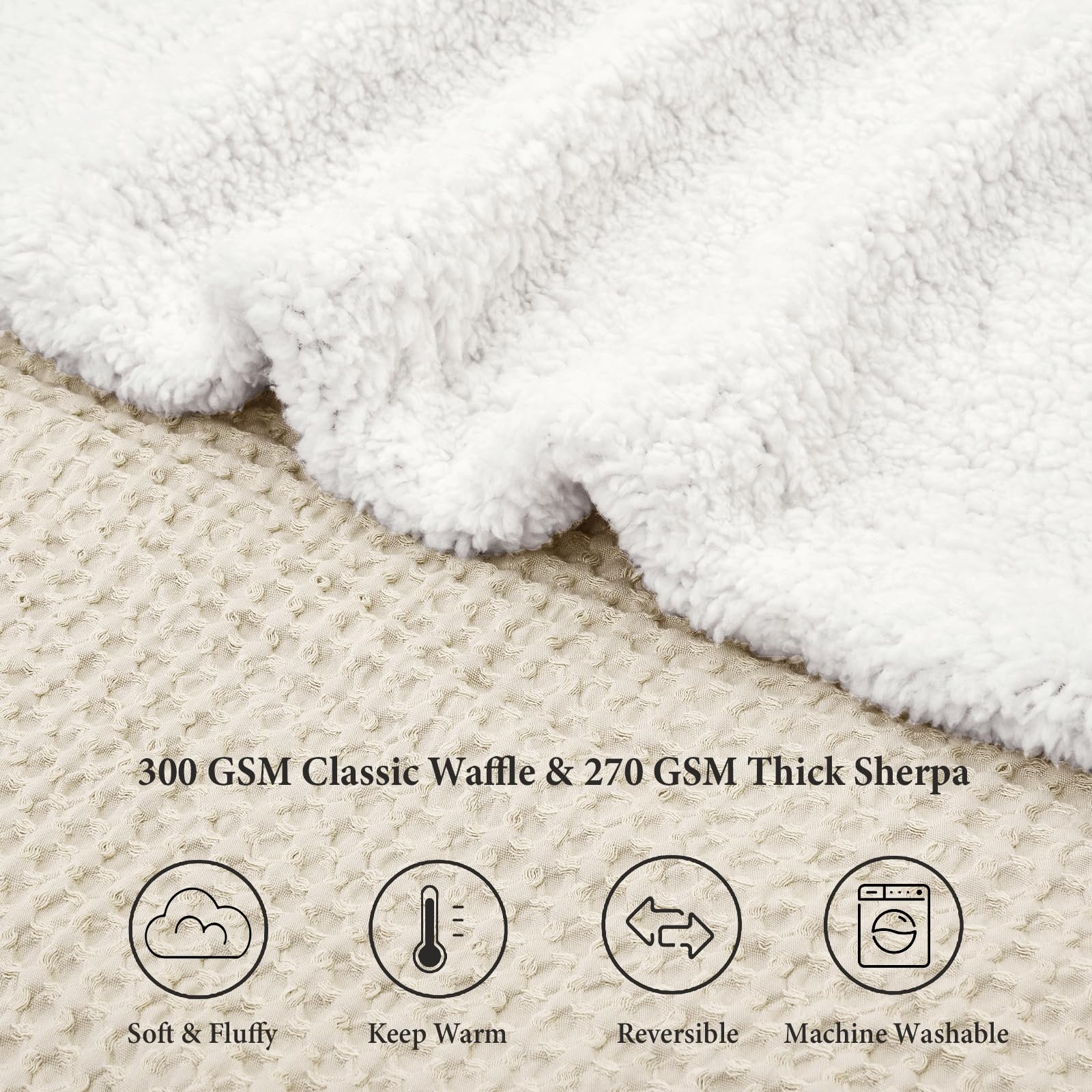 PHF Waffle Sherpa Blanket King Size, 104x90 Inches Luxury Plush Flannel Blanket for All Season, No Shed No Pilling, Cozy Soft Reversible Waffle Weave Fleece Blanket for Bed and Couch, Natural