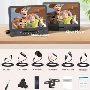 12" Portable DVD Player for Car with 1080P HDMI Input, FELEMAN Car DVD Player Dual Screen with Full HD Digital Signal Transmission, 5-Hour Rechargeable Battery, Support USB, Last Memory(1 Player+1 Mon