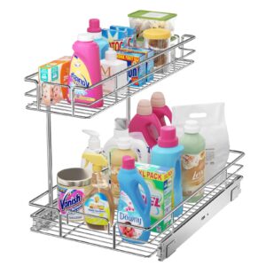 lovmor 2 tier pull out cabinet organizer 13.5" w x 21.5" d slide out under sink organizer sliding wire shelves storage for kitchen bathroom cabinets