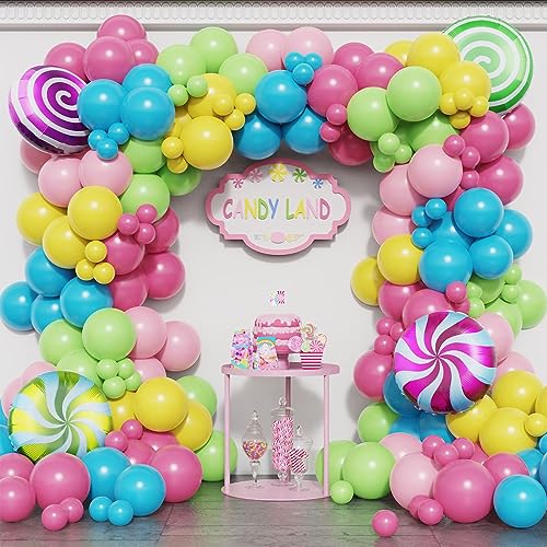 Candyland Party Decoration 184PCS Candy Balloon Garland Kit Pastel Pink Purple Blue Latex Balloons with Lollipop Candy Foil Balloon for Rainbow Sweet One Birthday Candy Land Party Decorations