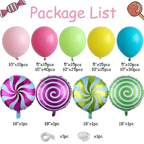 Candyland Party Decoration 184PCS Candy Balloon Garland Kit Pastel Pink Purple Blue Latex Balloons with Lollipop Candy Foil Balloon for Rainbow Sweet One Birthday Candy Land Party Decorations