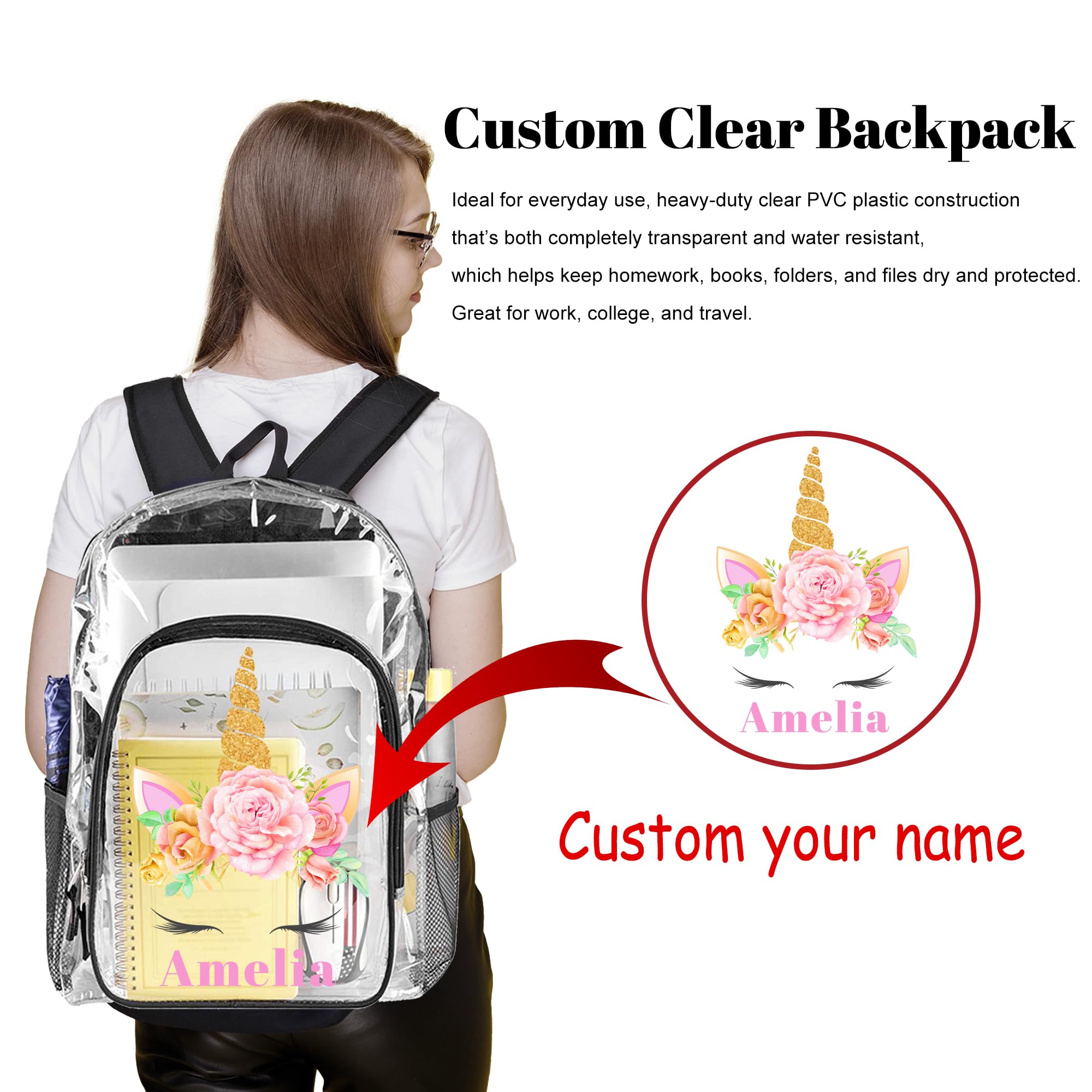 J&SBGFT Personalized Clear Backpack for Girls,Custom Unicorn Clear Backpacks with Name,Transparent Backpack with Reinforced Strap,See Through Book Bag,Waterproof Heavy Clear Book Bag for School