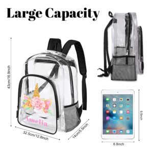 J&SBGFT Personalized Clear Backpack for Girls,Custom Unicorn Clear Backpacks with Name,Transparent Backpack with Reinforced Strap,See Through Book Bag,Waterproof Heavy Clear Book Bag for School