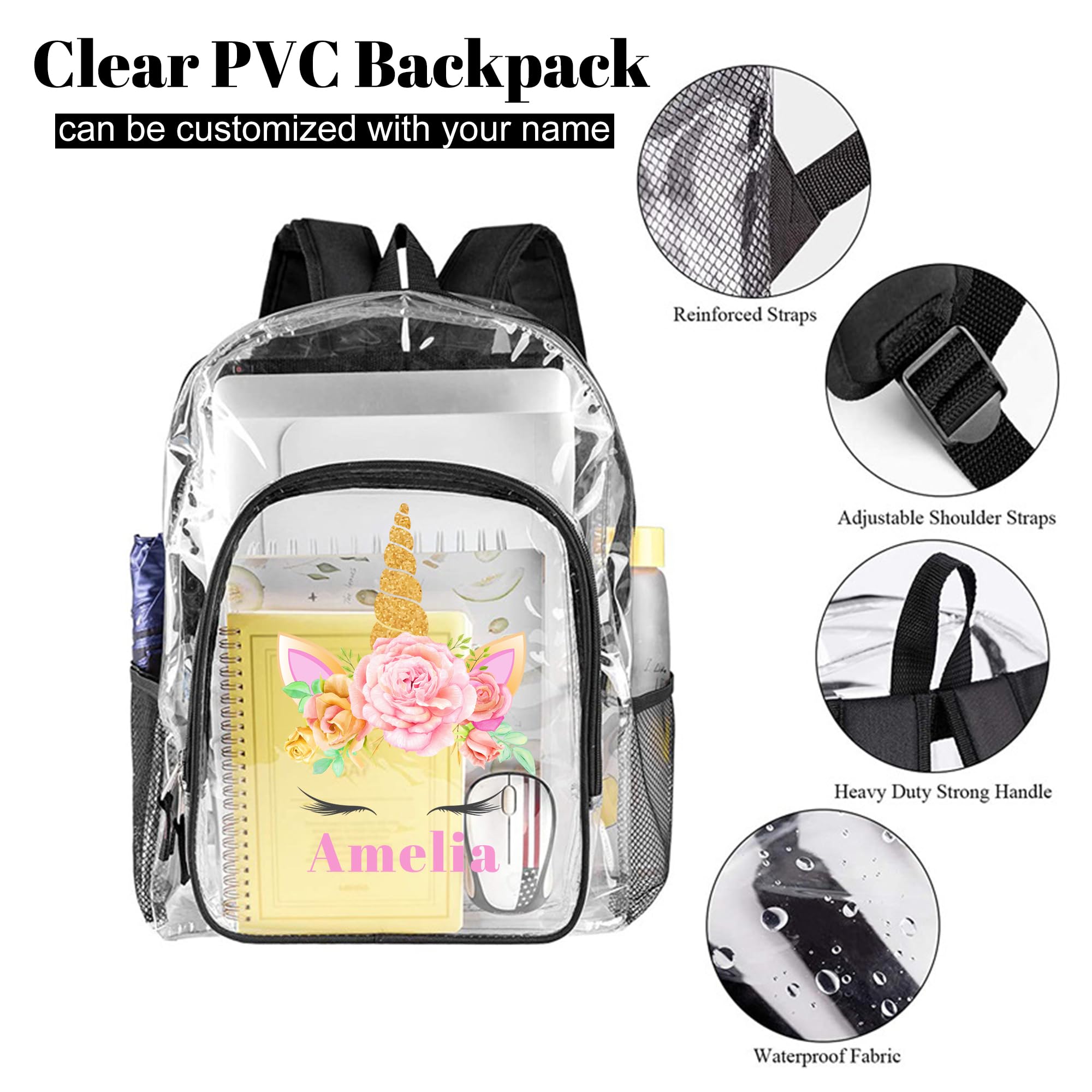 J&SBGFT Personalized Clear Backpack for Girls,Custom Unicorn Clear Backpacks with Name,Transparent Backpack with Reinforced Strap,See Through Book Bag,Waterproof Heavy Clear Book Bag for School