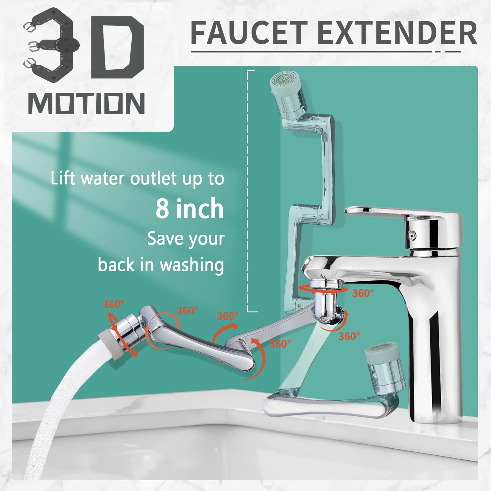 CECEFIN 1080°Rotating Faucet Extender Double Extension - Swivel Long Arm Robotic Faucet Aerator for Bathroom Kitchen Sink, Universal Spout Spray Attachment 2-Mode Outlet Face/Hair/Toddlers Hands Wash