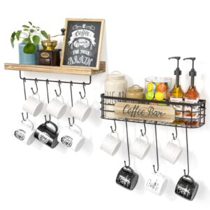 coffee cup holder coffee bar shelf with 12 mug hooks, mug organizer floating mug racks for wall, coffee cup display hanger pods holder, farmhouse coffee bar decor kitchen accessories